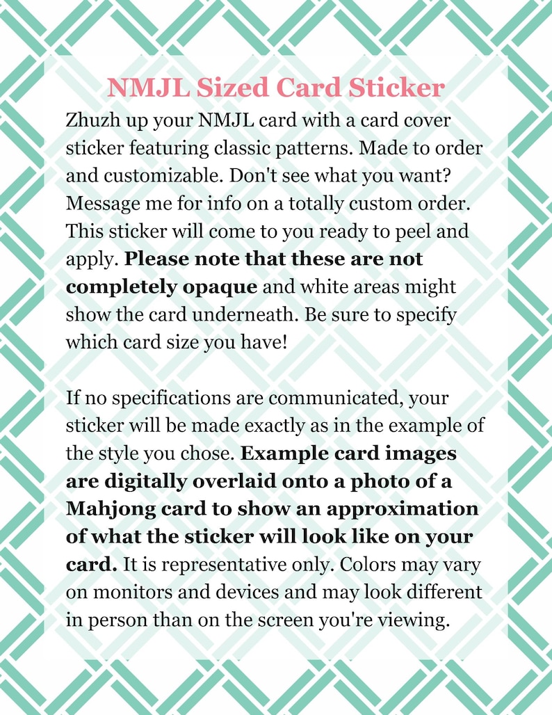Mahjong Card (NMJL) Cover Sticker - Chinoiserie Collection (customize ...