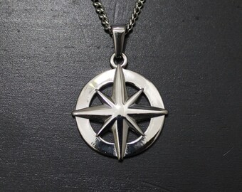 Silver Compass Pendant Necklace & 3mm Rope Chain Set Stainless Steel ...