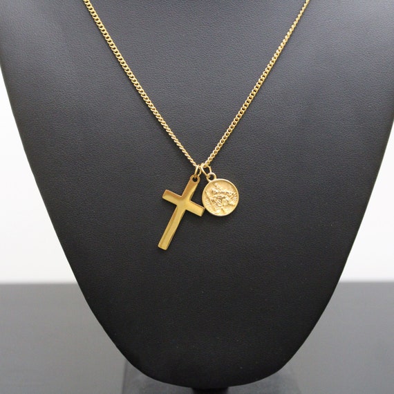 Gold Cross Mini Saint Christopher Pendant Necklace Set Cuban Link Chain Stainless Steel Mens Womens Pendant Gift Unisex Jewelry Etsy