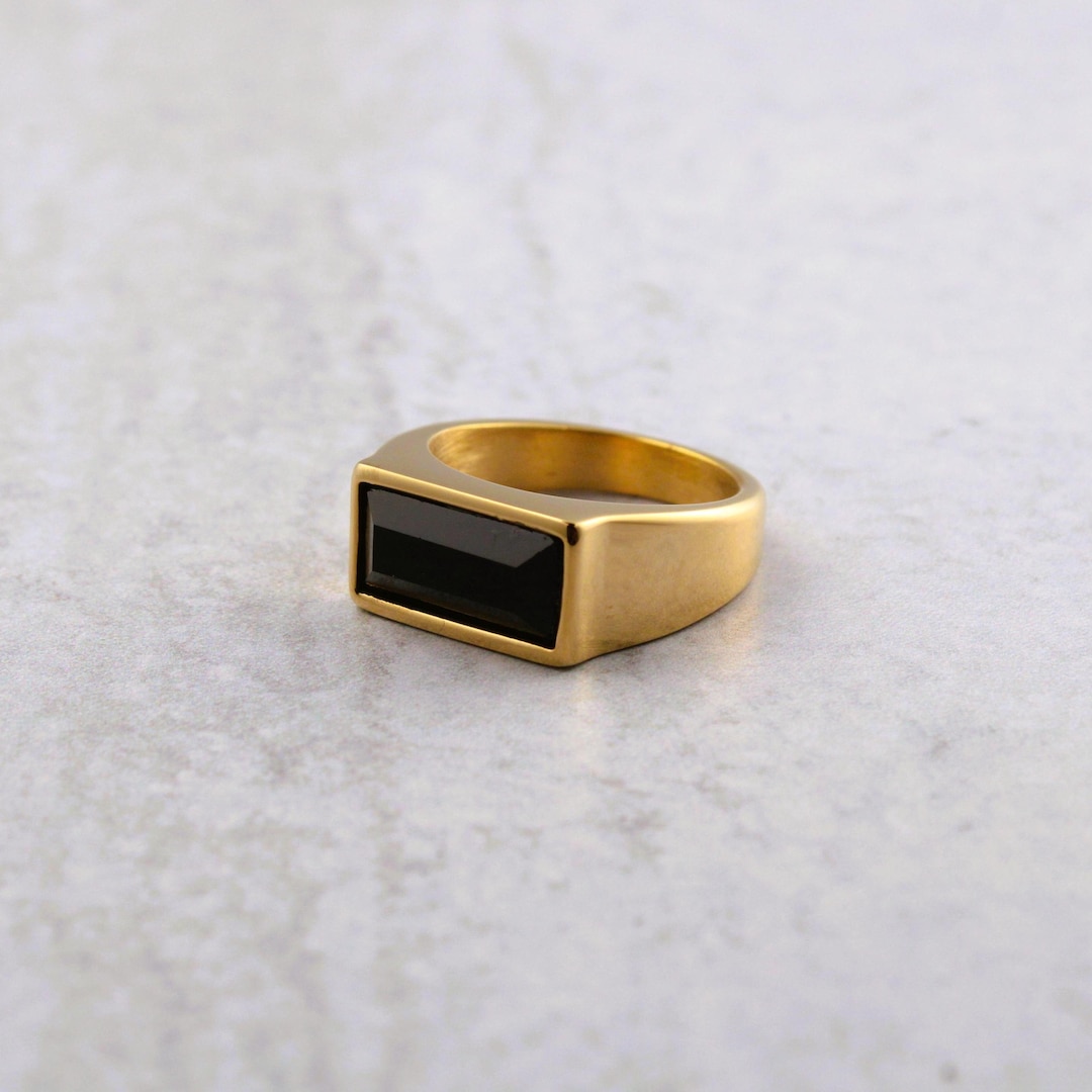 Gold Onyx Rectangle Signet Ring Stainless Steel 7-12 - Black Gemstone Ring - Etsy