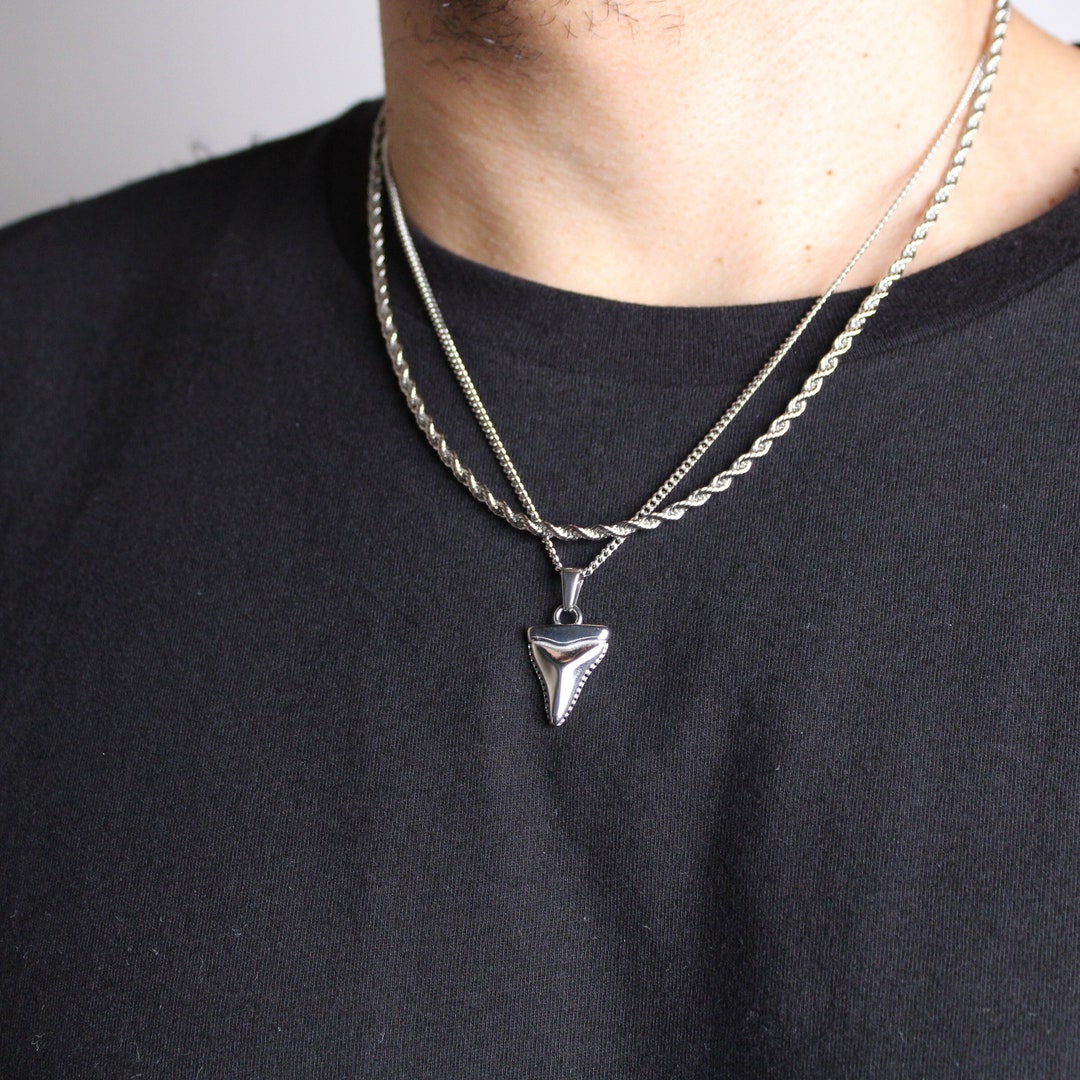 Silver Shark Tooth Pendant Necklace & 3mm Rope Chain Set Stainless ...
