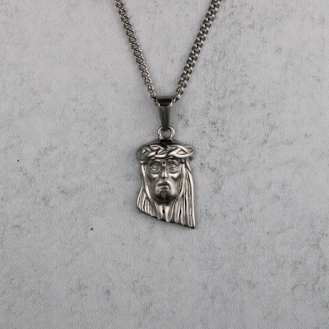 Silver Jesus Piece Pendant Chain Necklace Stainless Steel - Small Mens ...