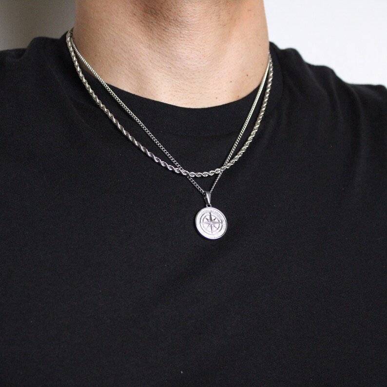 Silver Compass Pendant Necklace & 3mm Rope Chain Set Stainless - Etsy