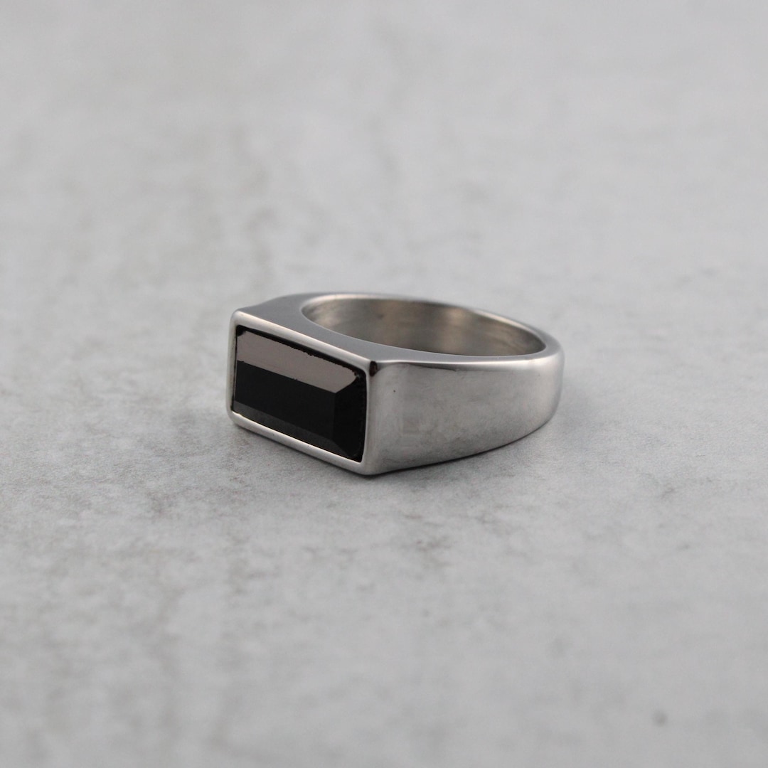 Silver Onyx Rectangle Signet Ring Stainless Steel 7-12 - Black Gemstone Ring - Etsy