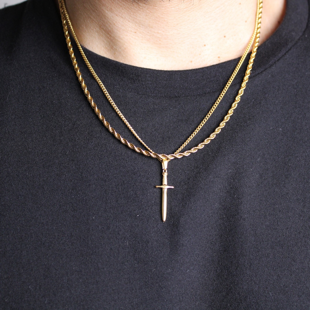 18K Gold Dagger Pendant Necklace & 3mm Rope Chain Set Stainless Steel ...