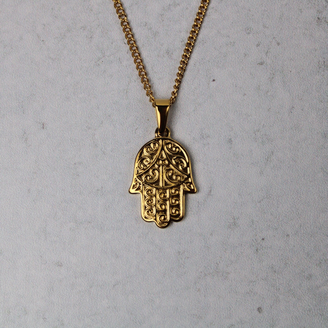 18K Gold Hamsa Pendant Chain Necklace Stainless Steel Protection Evil ...