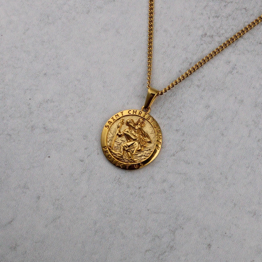 18K Gold Saint Christopher Pendant Chain Necklace Stainless Steel - St ...