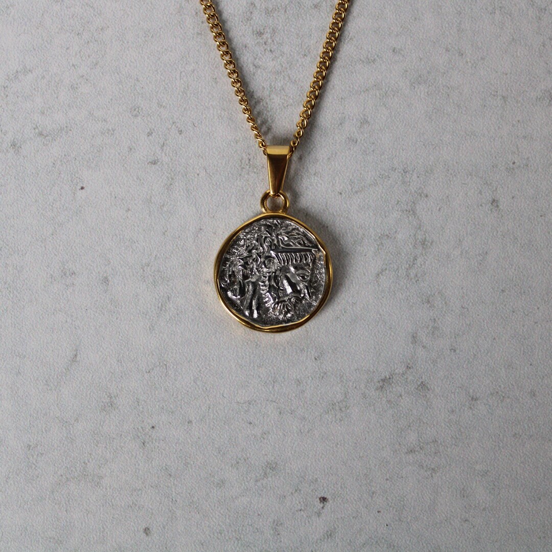 18K Gold Zeus Pendant Chain Necklace Two Tone Stainless Steel Coin ...