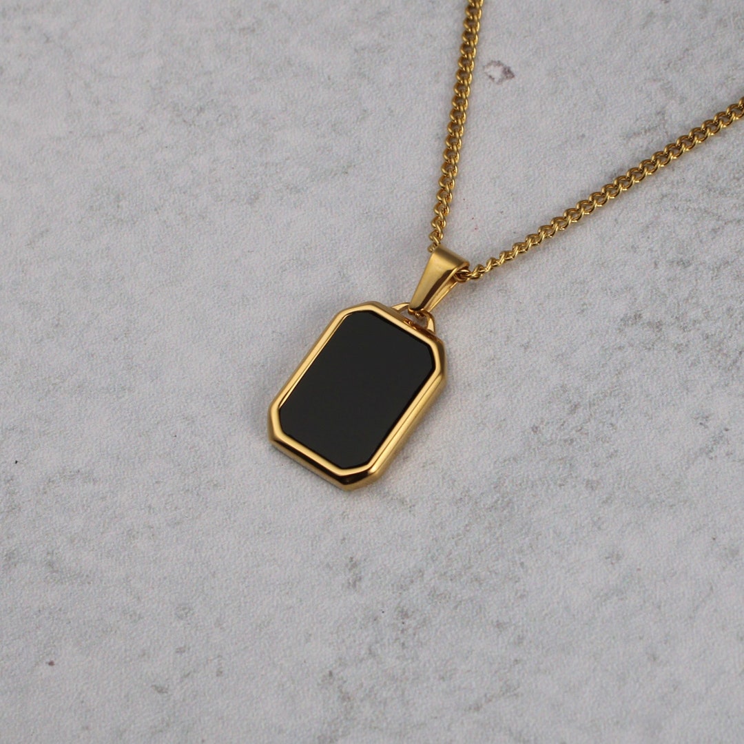 18K Gold Onyx Pendant Necklace Cuban Link Chain Stainless Steel - Black ...