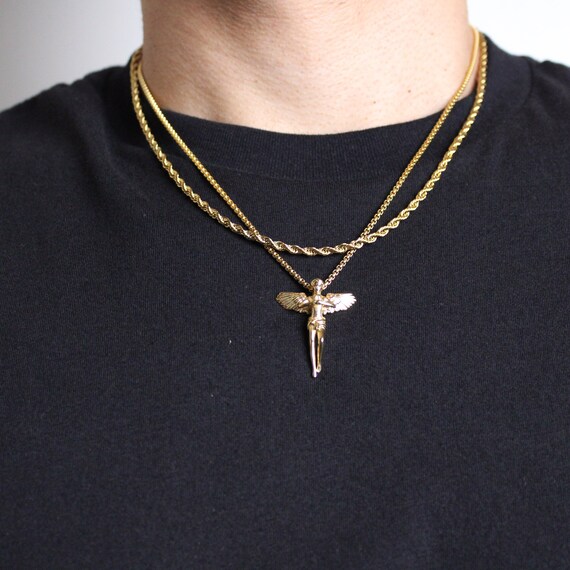 18K Gold Angel Pendant Necklace Layered Set Rope Chain - Etsy