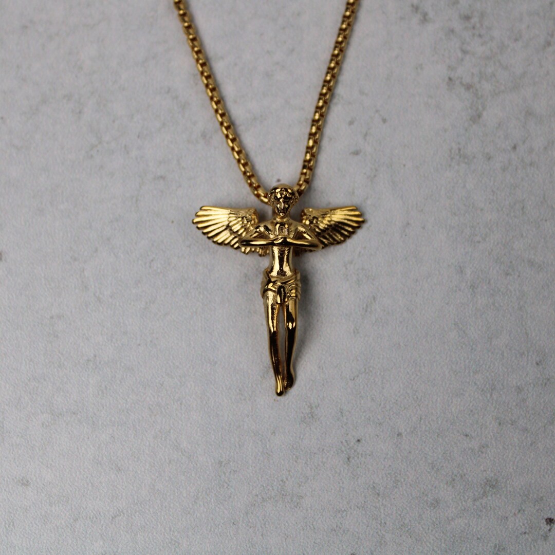 18K Gold Angel Pendant Chain Necklace Stainless Steel Round Box Pearl ...