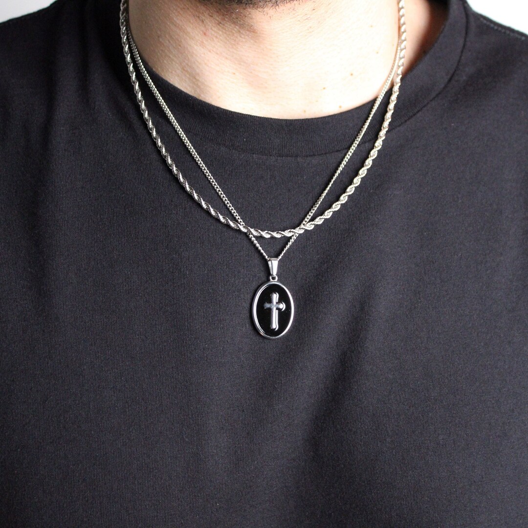 Silver Enamel Cross Pendant Necklace: Stainless Steel Rope Chain Set - Etsy
