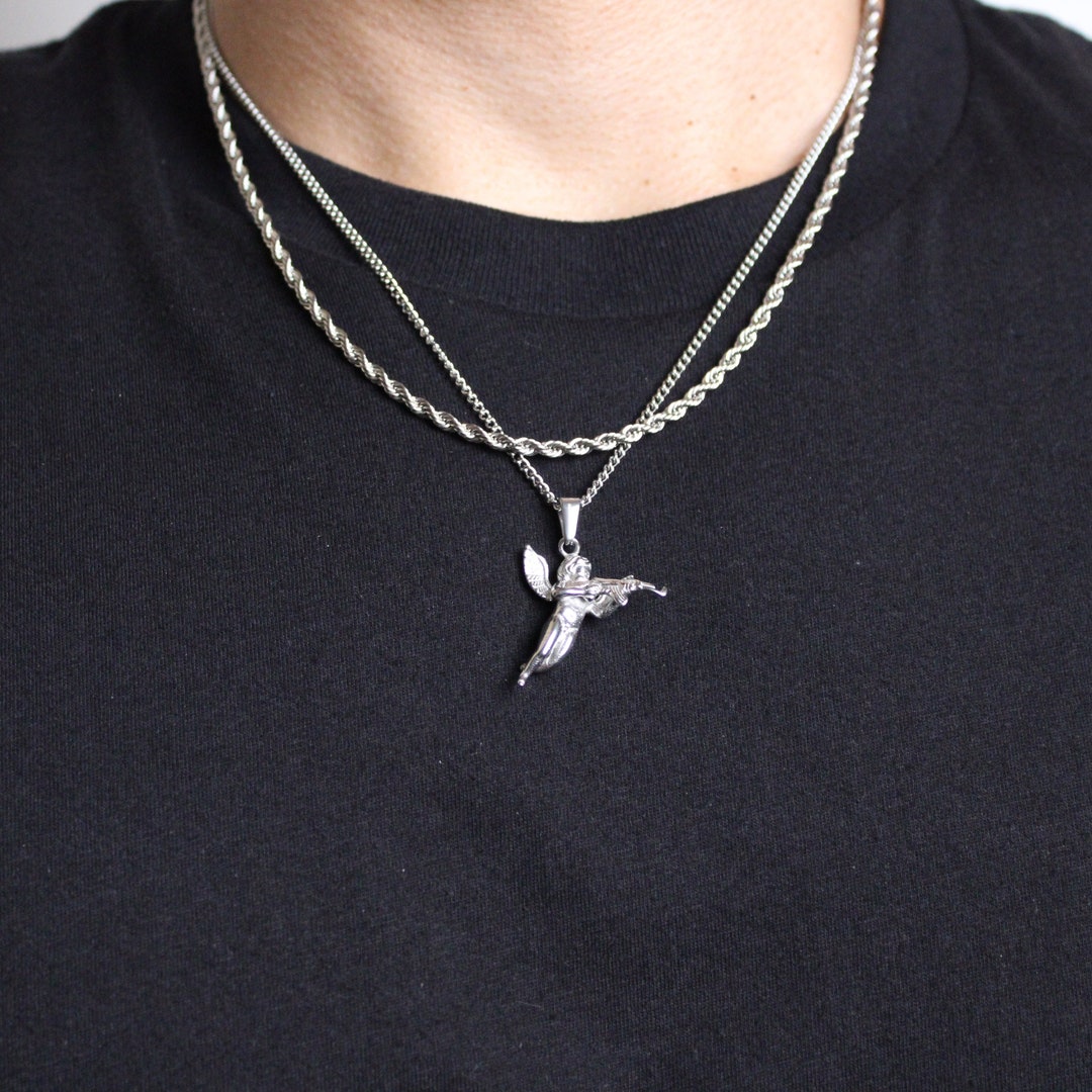 Silver Guardian Angel Pendant Necklace Layered Set Rope Chain Stainless ...