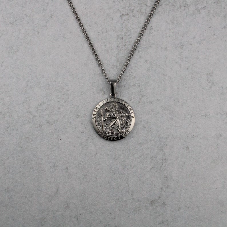 Saint Christopher Pendant Medal Necklace: Stainless Steel Cuban Link ...