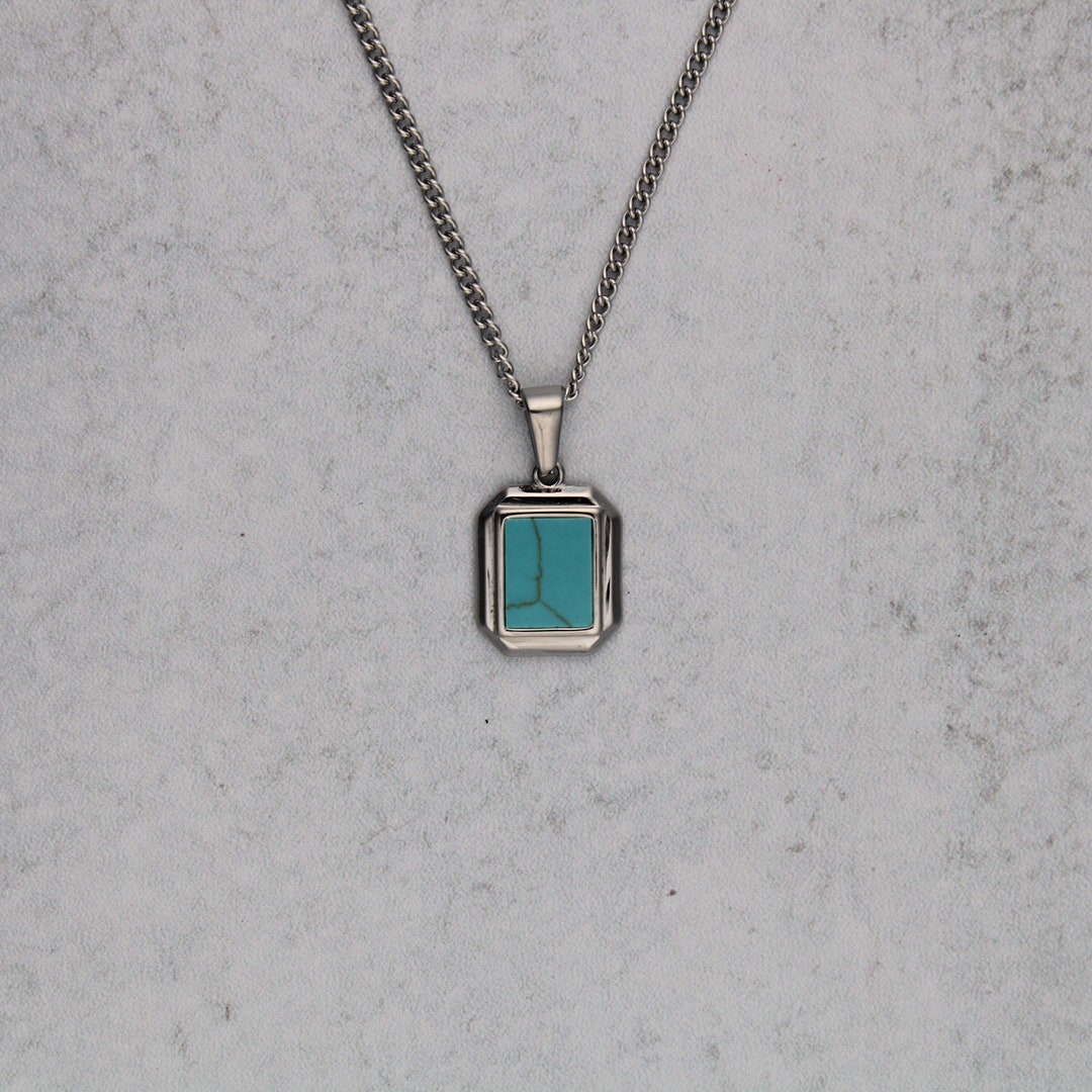 Silver Mini Turquoise Pendant Necklace Stainless Steel Blue Gemstone ...