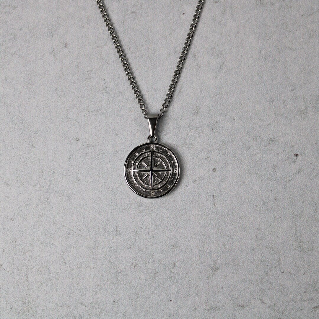 Silver Compass Pendant Chain Necklace Stainless Steel Nautical Circle ...