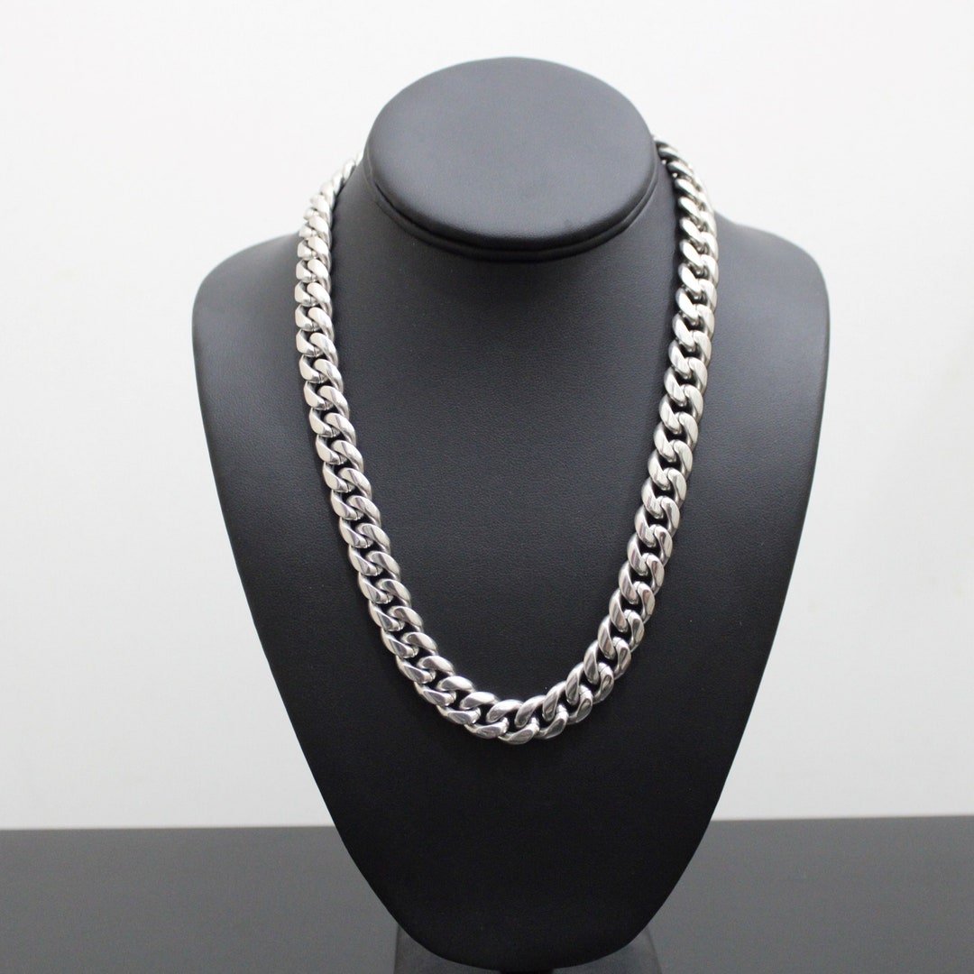Silver 12mm Cuban Link Chain Necklace 18 20 Inch Stainless Steel Miami Cuban / Thick Curb Link ...