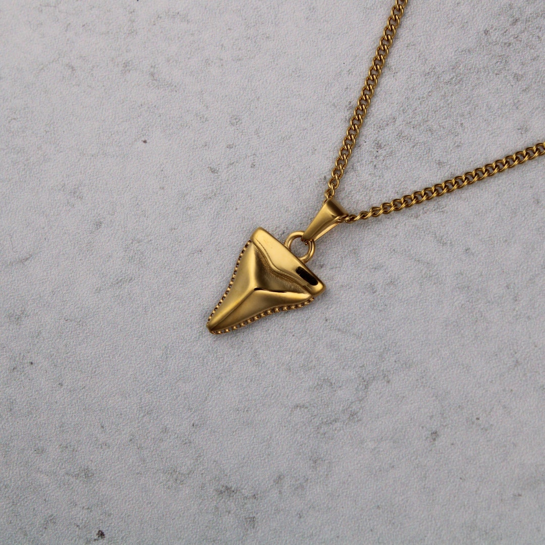 18K Gold Shark Tooth Pendant Chain Necklace Stainless Steel - Small ...