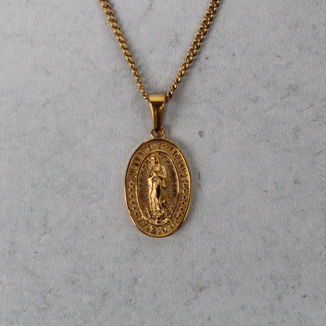 18K Gold Lady of Guadalupe Pendant Chain Necklace Stainless Steel Cuban ...