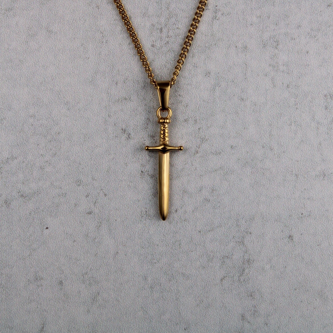 18K Gold Dagger Pendant Chain Necklace Stainless Steel Cuban Link Sword ...