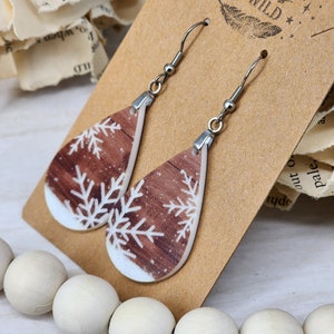 Christmas Earrings, Wood Themed, Snowflake Earring, Winter Themed ...