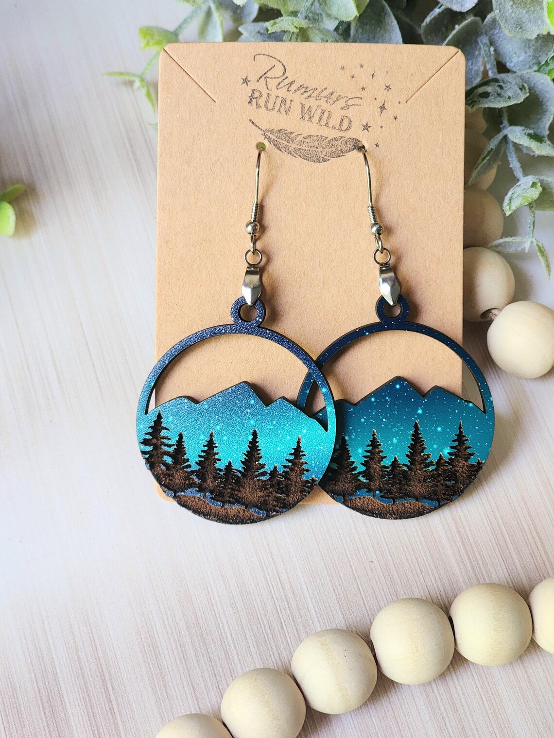 Boho Mountain & Tree Wood Earrings: Night Sky Scene - Etsy
