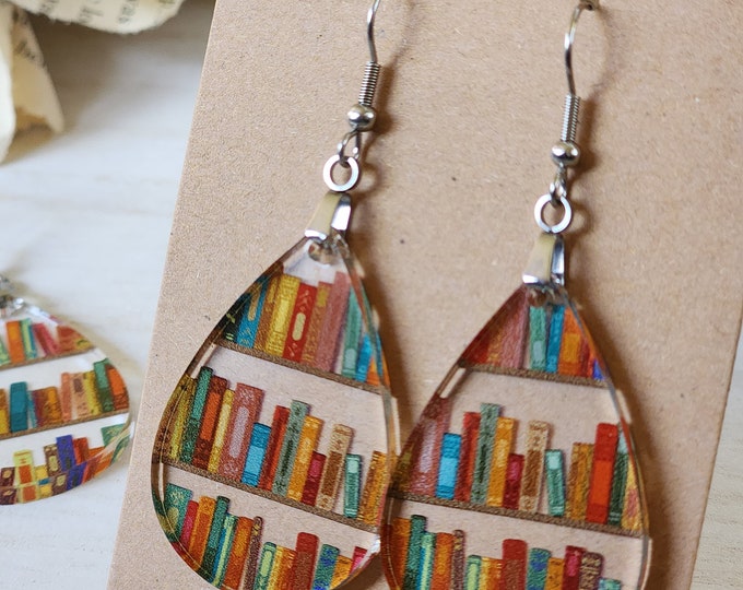 Clear Acrylic Bookshelf Teardrop Earrings, Librarian Earrings, Book ...