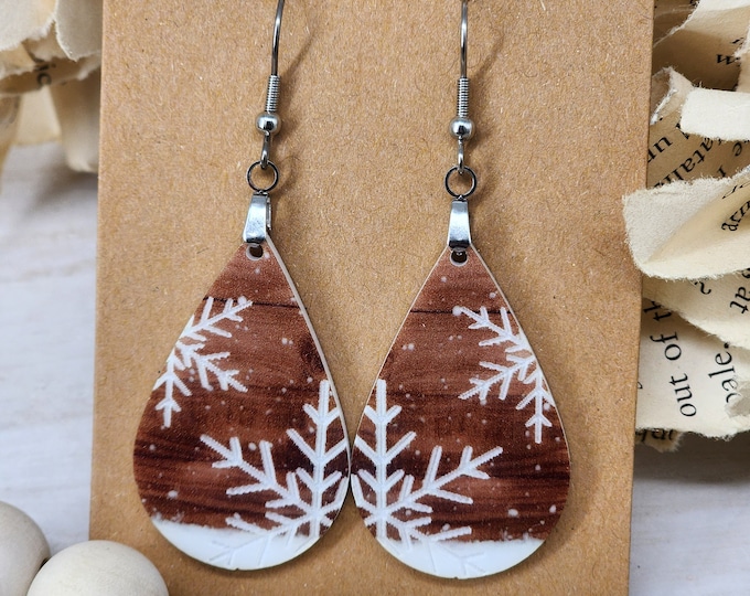 Christmas Earrings, Wood Themed, Snowflake Earring, Winter Themed ...