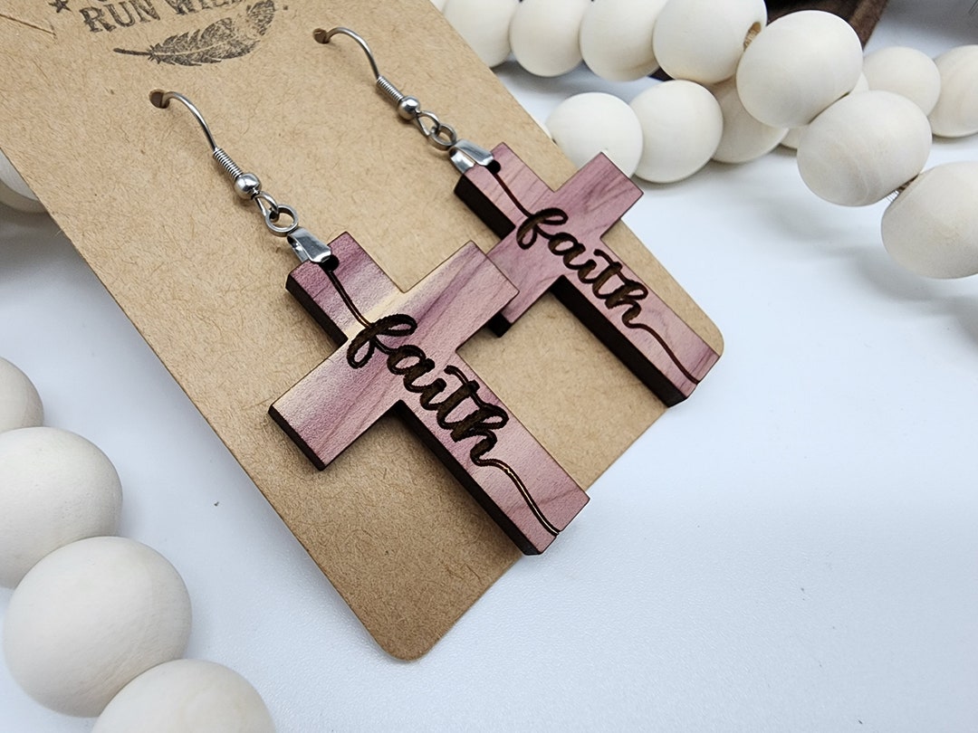 Handmade Cedar Wood Cross Earrings With Faith Engraving - Etsy