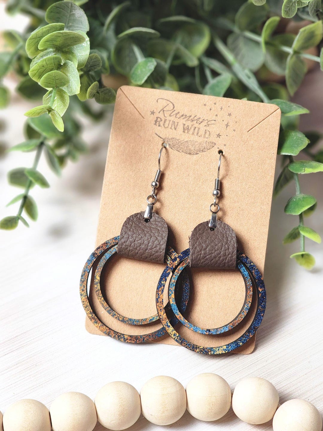 Rustic Wooden Dangle Earrings: Blue Rust Boho Leather Earrings - Etsy