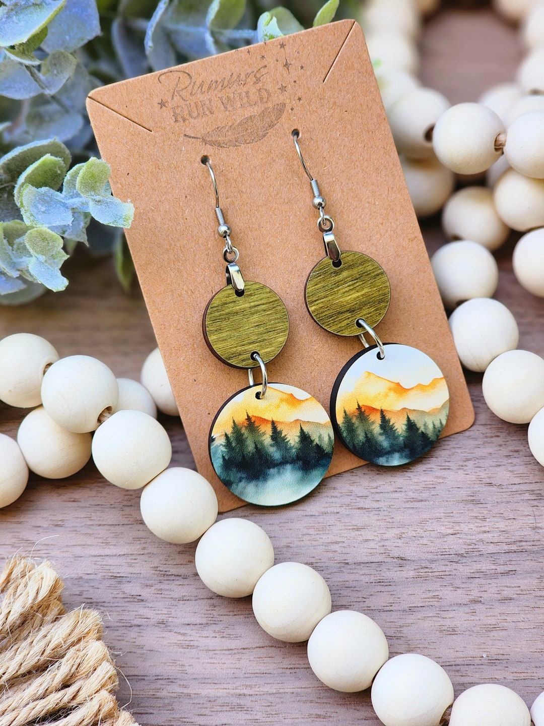 Mountain and Tree Earrings, Wood Boho Dangle Earrings, Outdoorsy ...