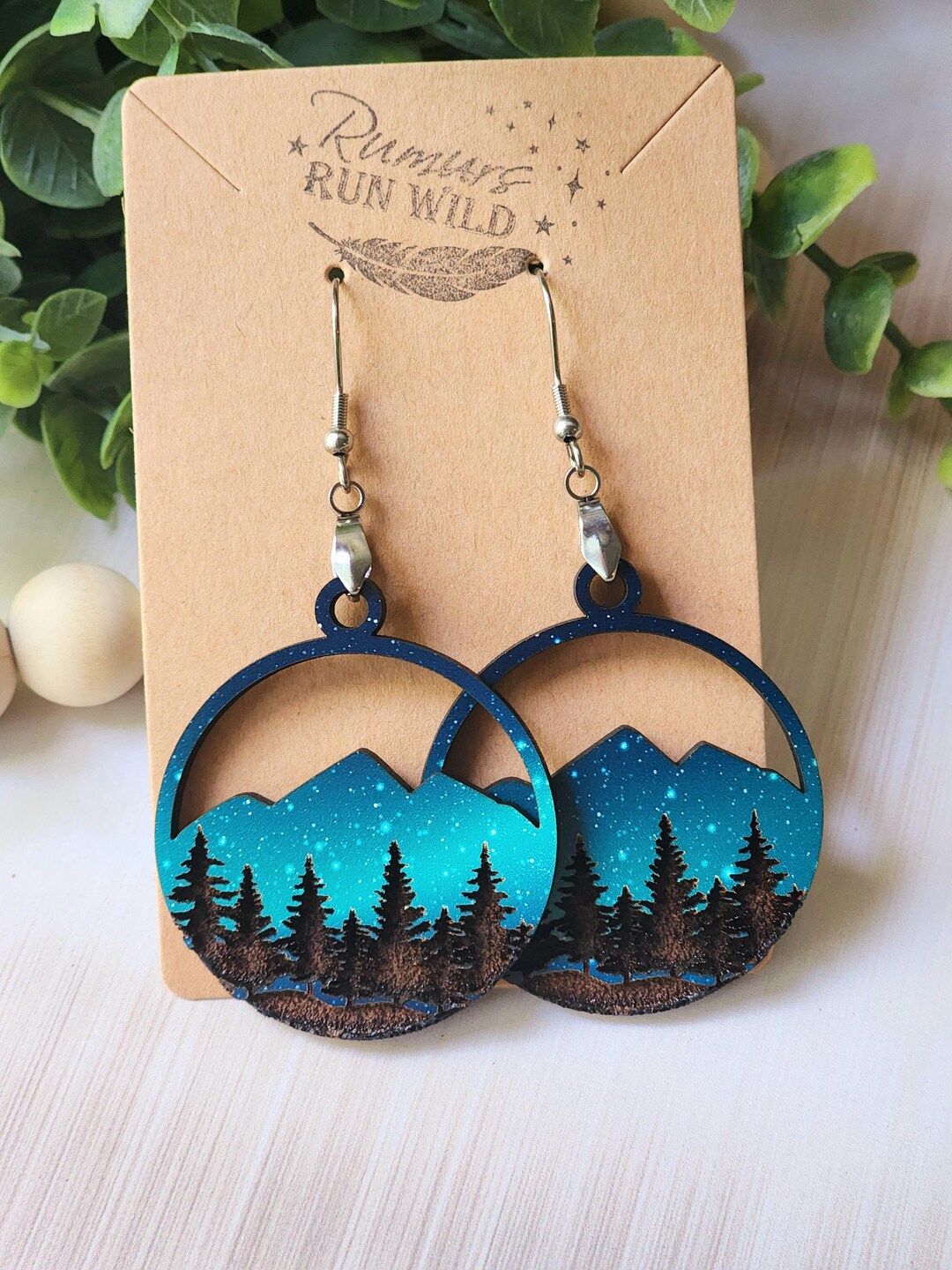Boho Mountain & Tree Wood Earrings: Night Sky Scene - Etsy