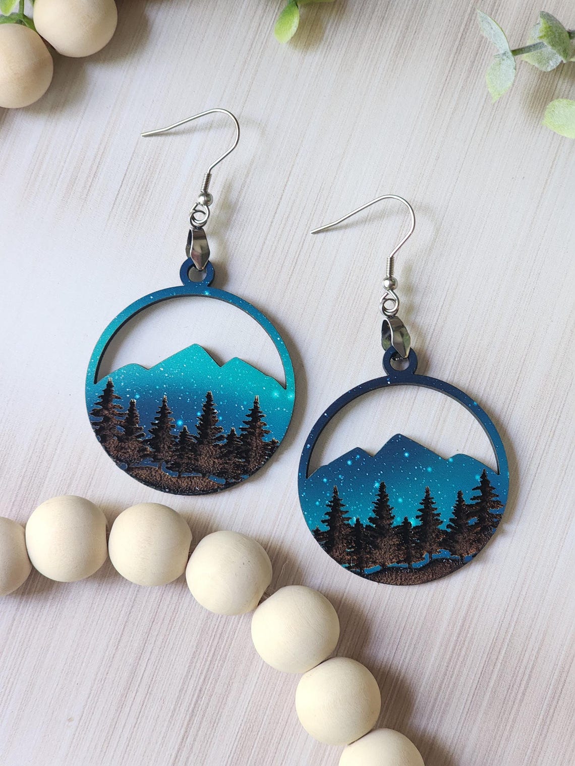 Boho Mountain & Tree Wood Earrings: Night Sky Scene - Etsy