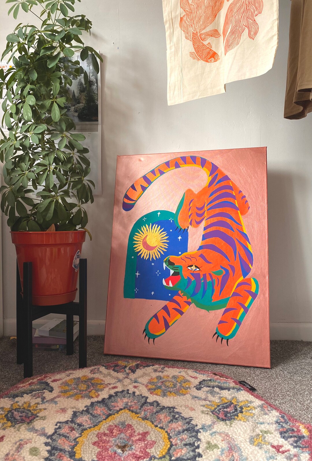 A2 Tiger Sun and Moon Shimmery Acrylic Painting Original One of a Kind ...