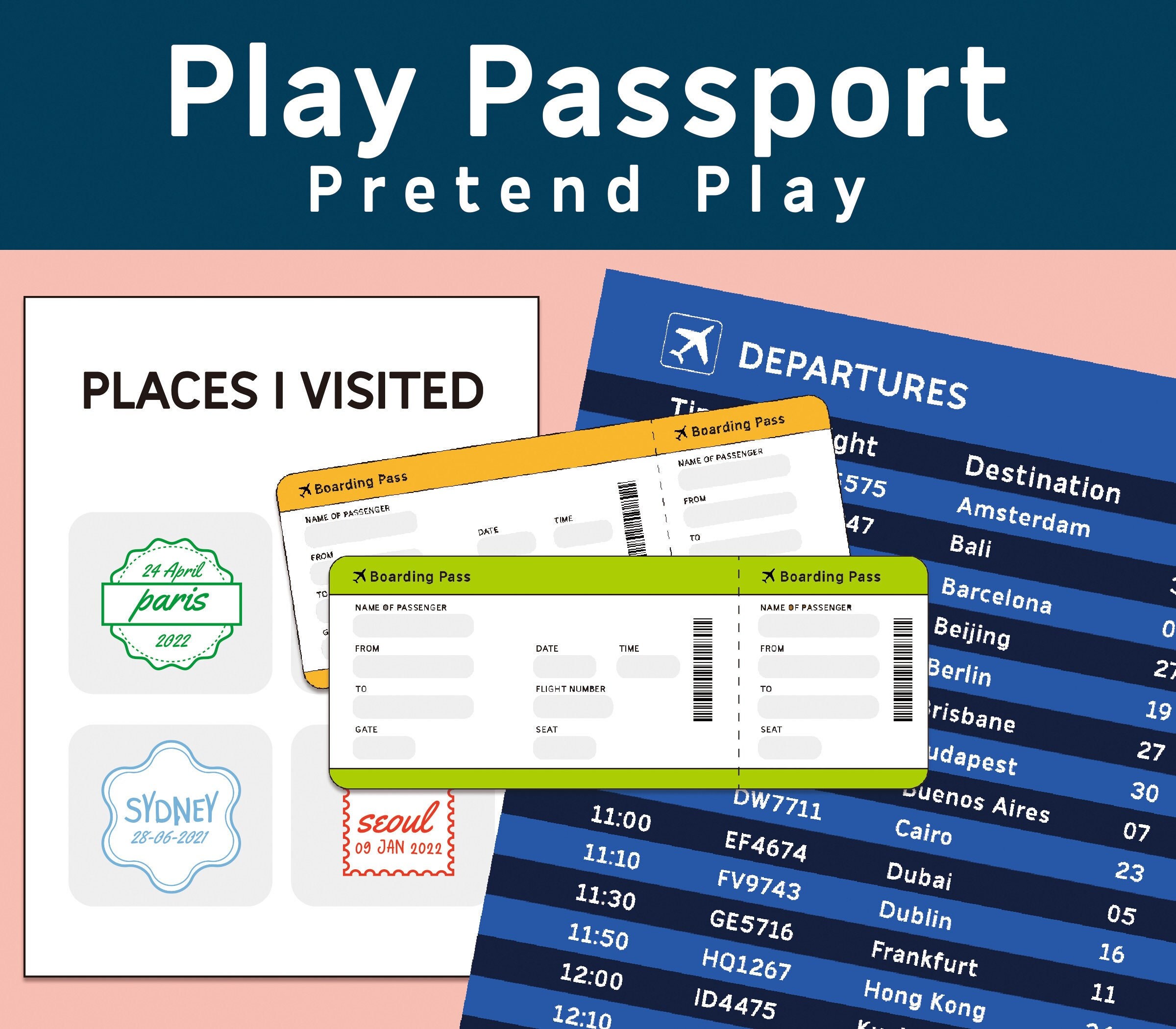 Boarding Pass, Departure Board, Passport Play, Pretend Play Travel and ...