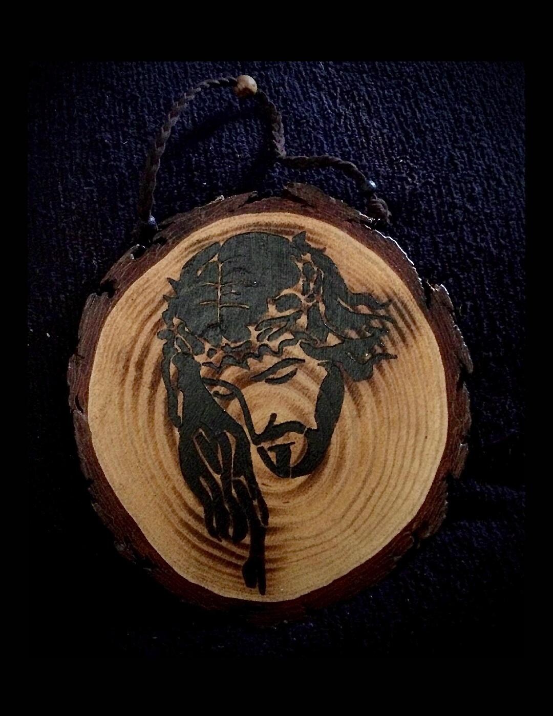 Jesus W crown of Thorns on Wood Scorched Wall Decor. an Olive Wood Bead ...