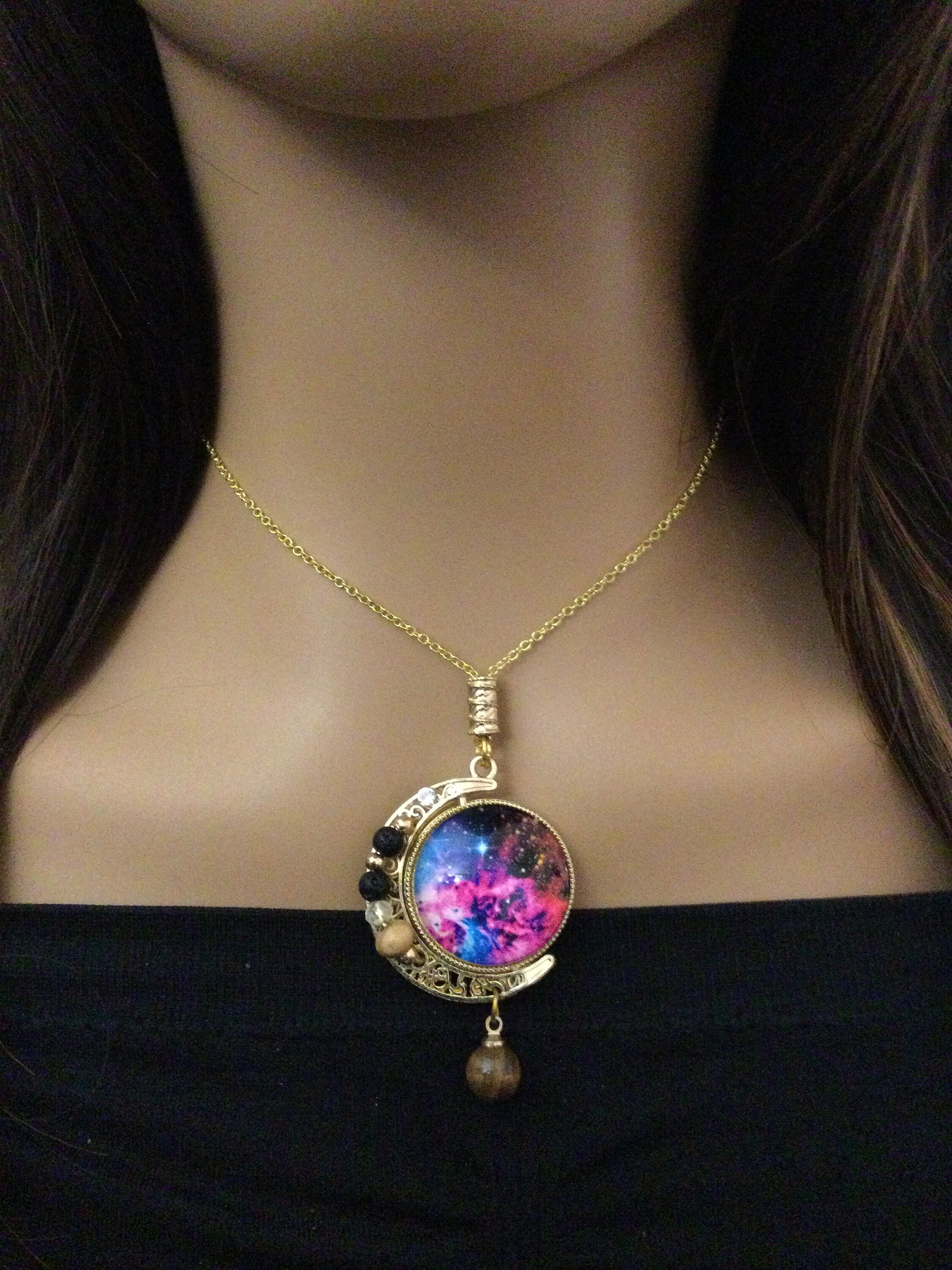 Gold Cresent Moon Frame With Double Sided Heavens Photo Cabochon. Pink ...