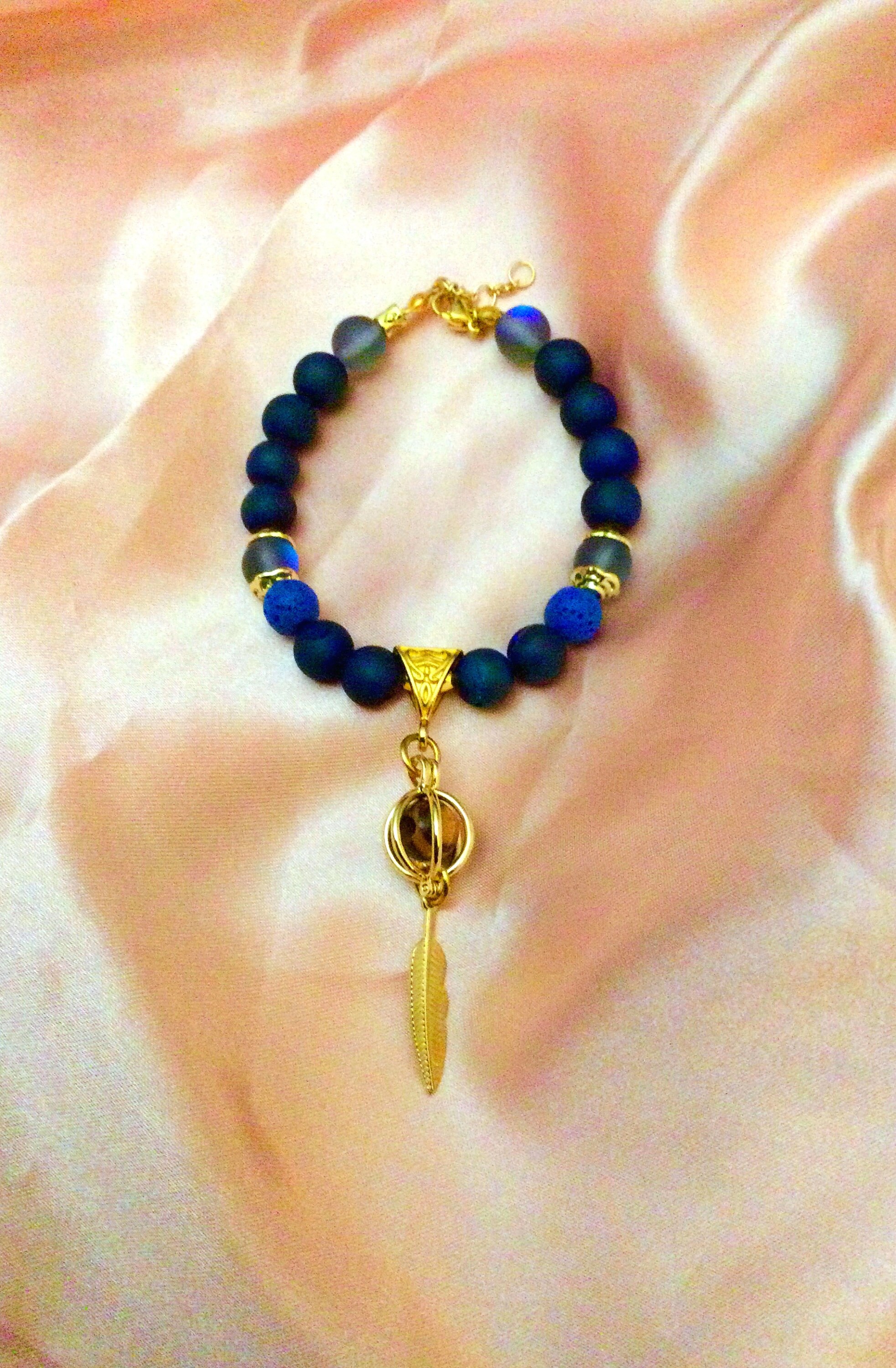 Navy Blue Beaded Bracelet Moonstones Two Lava Beads an - Etsy