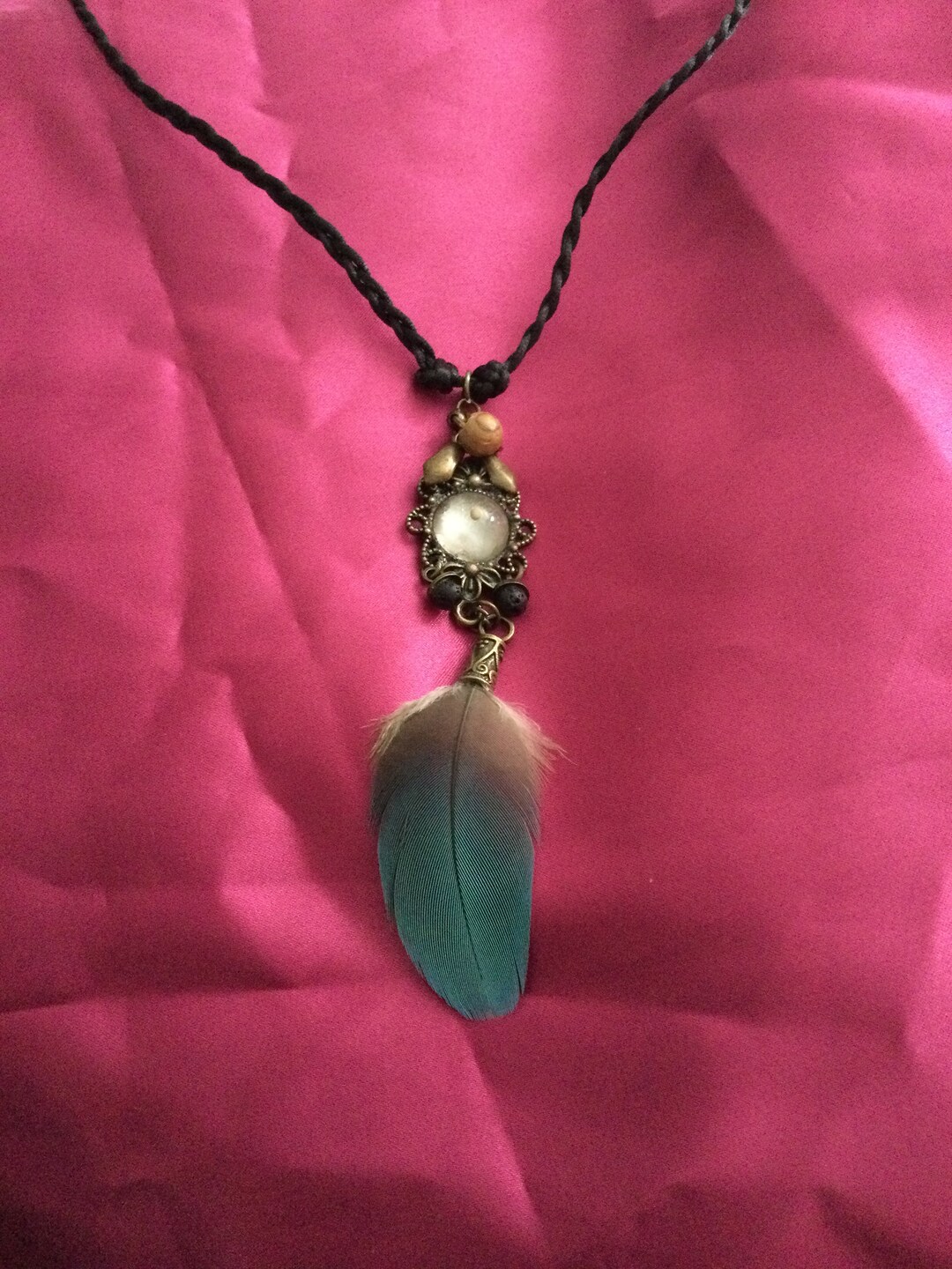 Blue Turquoise Rescued Macaw Feather, Mustard Seed Cabochon, Lava Beads ...