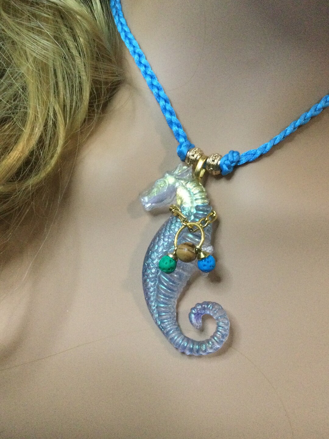 Shimmering Blue Seahorse Creation Resin Pendant 2 1/2 on Braided Cord ...