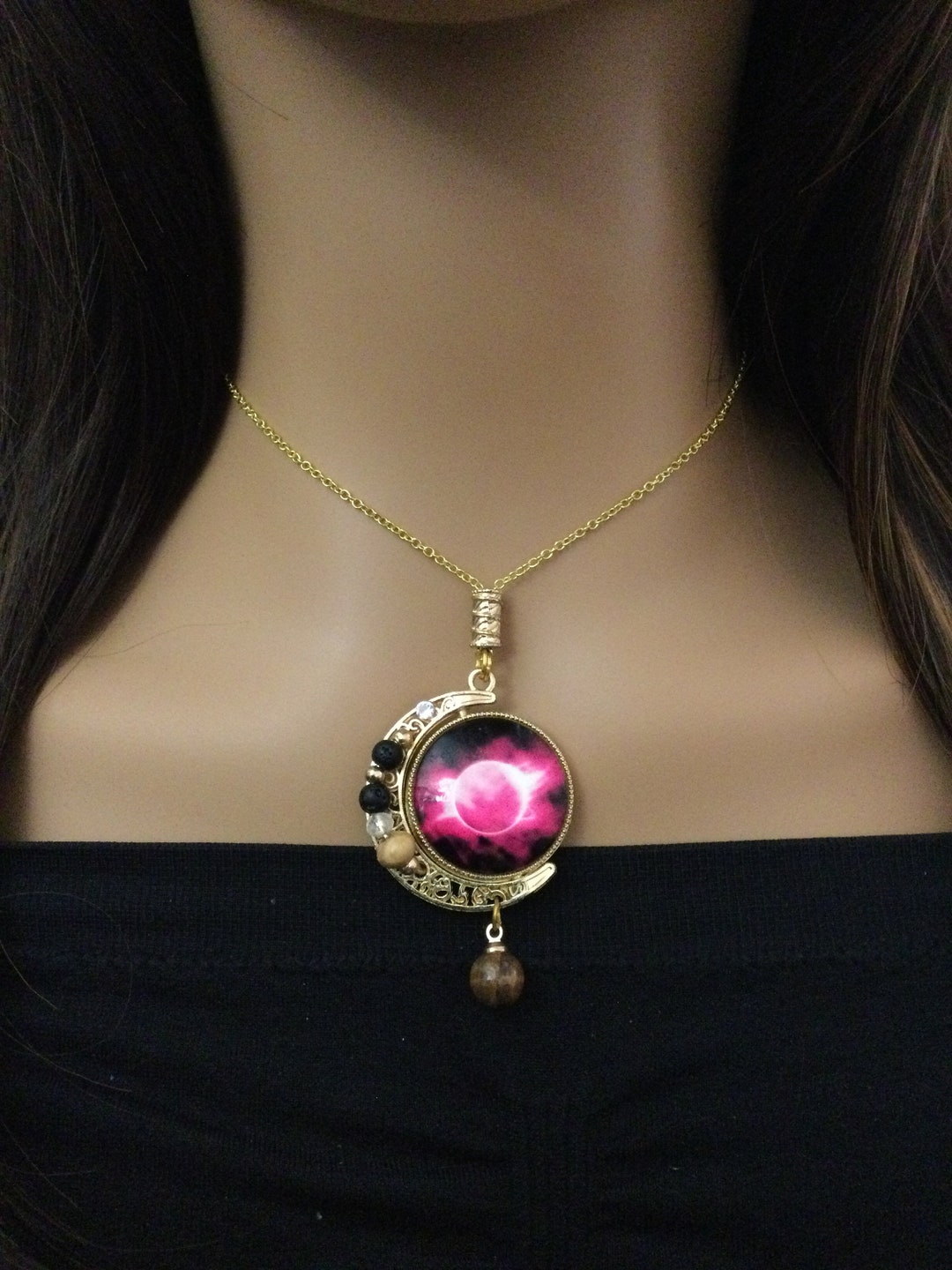 Gold Cresent Moon Frame With Double Sided Heavens Photo Cabochon. Pink ...