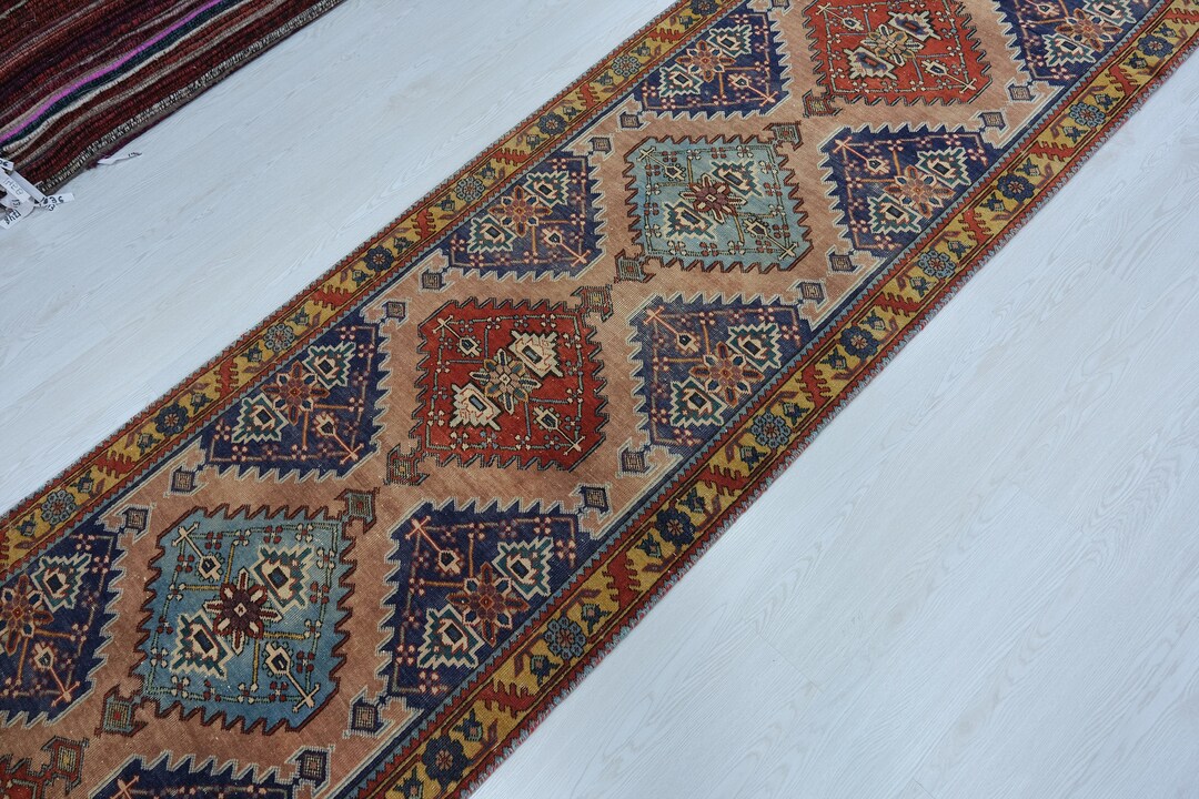 2x13 Blue Yellow Tan Calico Vintage Runner Rug - Hand Woven Wool Veg ...