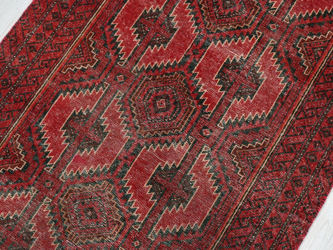 Handwoven Vintage Oriental Rug 3x6 Ft Red Black Organic Low Pile Wool ...