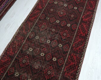 4x9 Faded Red Black Pink Vintage Oriental Rug Handmade Distressed ...