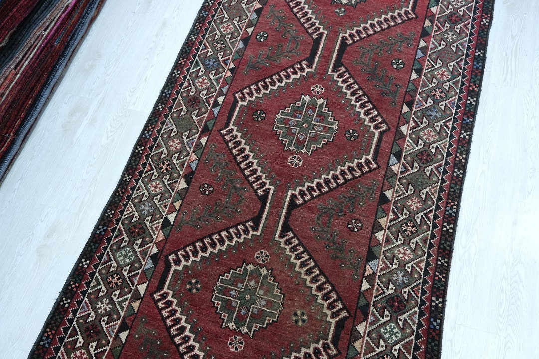 4x9 Red Cream Green Vintage Runner Rug - Oriental Handmade Tribal Rug ...