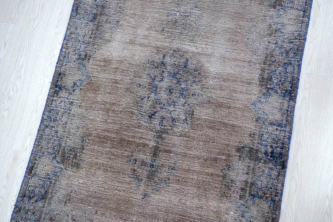 3x5 Earthy Brown Faded Blue Vintage Oriental Rug- Handwoven Distressed ...