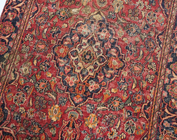 4x6 Rusty Red Navy Blue Vintage Oriental Rug - Handwoven Floral Area ...
