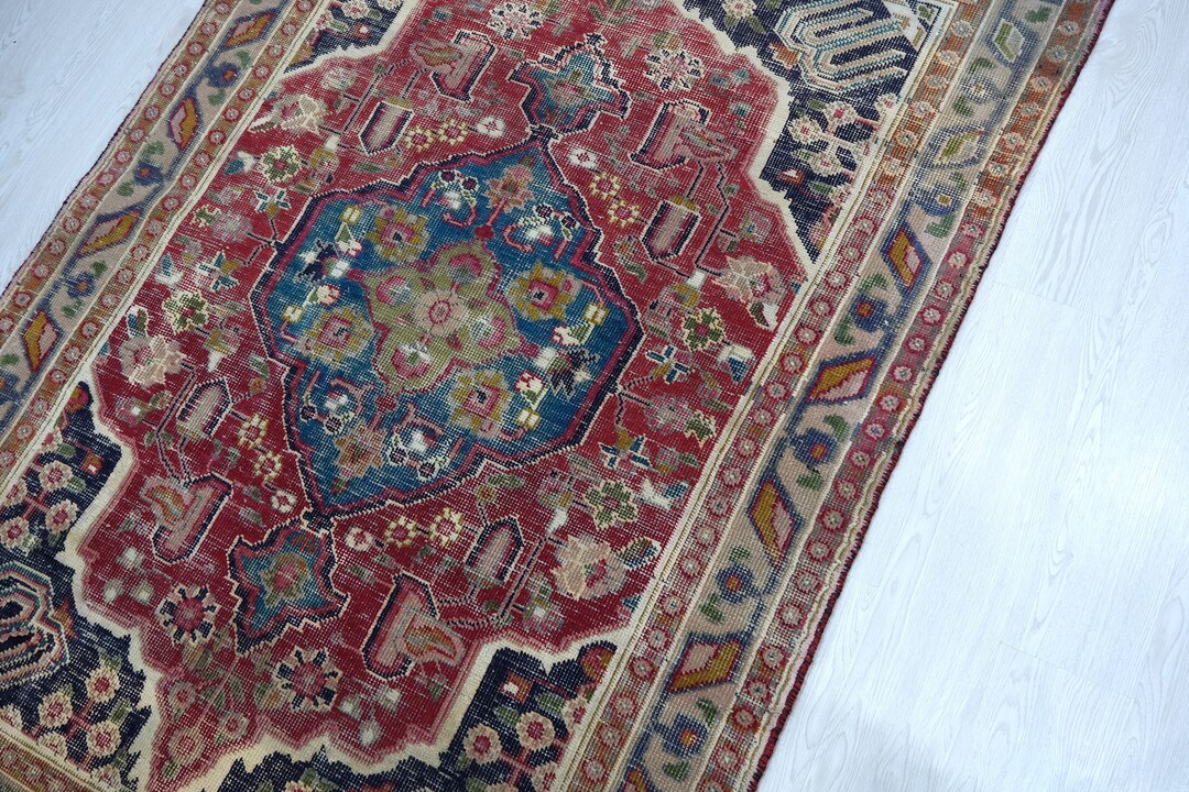 4x6 Red Navy Blue Ivory Vintage Accent Rug - Oriental Hand Knotted ...