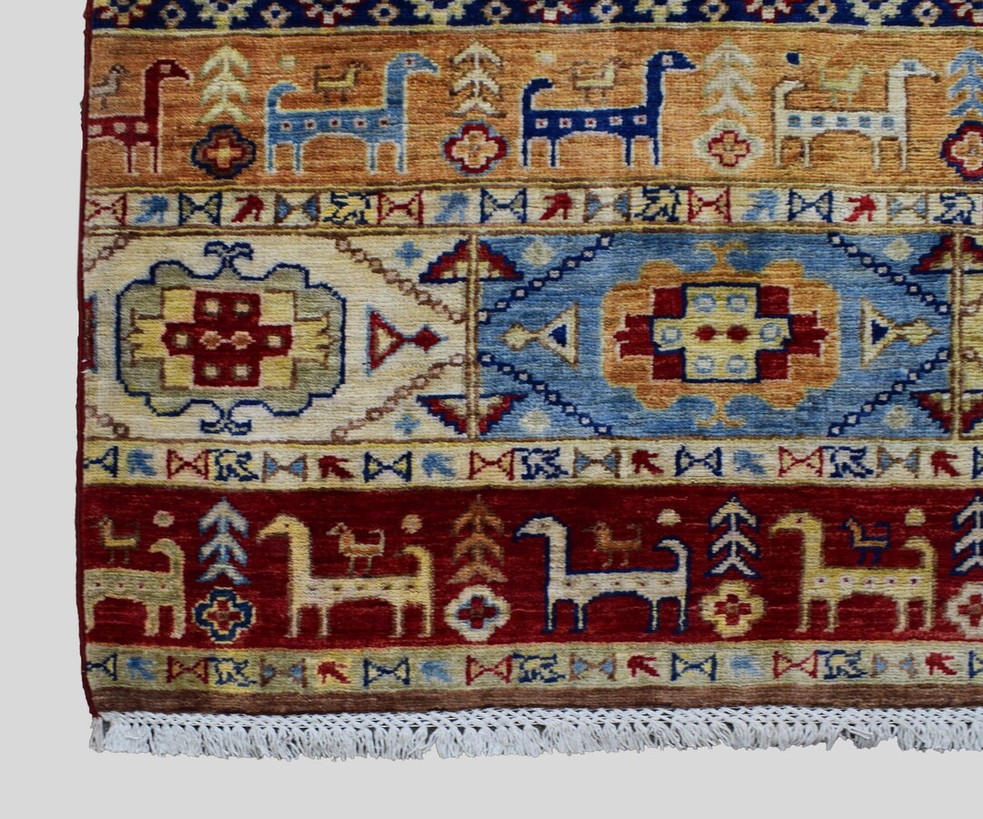 6x9 Blue Red Khurjeen Area Rug, Hand-knotted Afghan Rug, Rug for Living ...