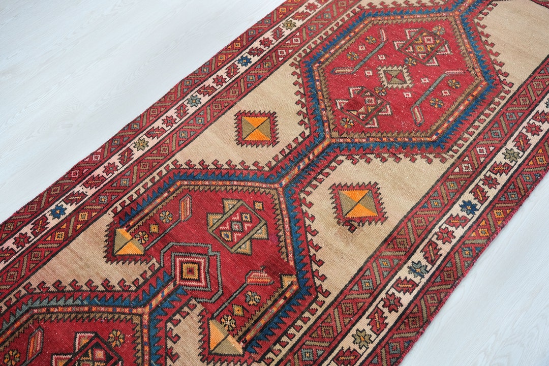 3x9 Red Navy Blue Vintage Restored Runner Rug - Triple Medallion Hand ...